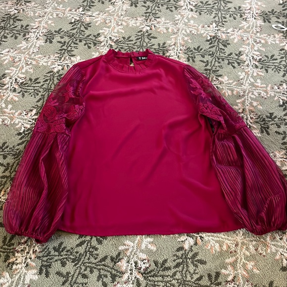 SHEIN | Tops | Maroon Balloon Sleeve Lace Blouse With Pleated Mock Neck ...